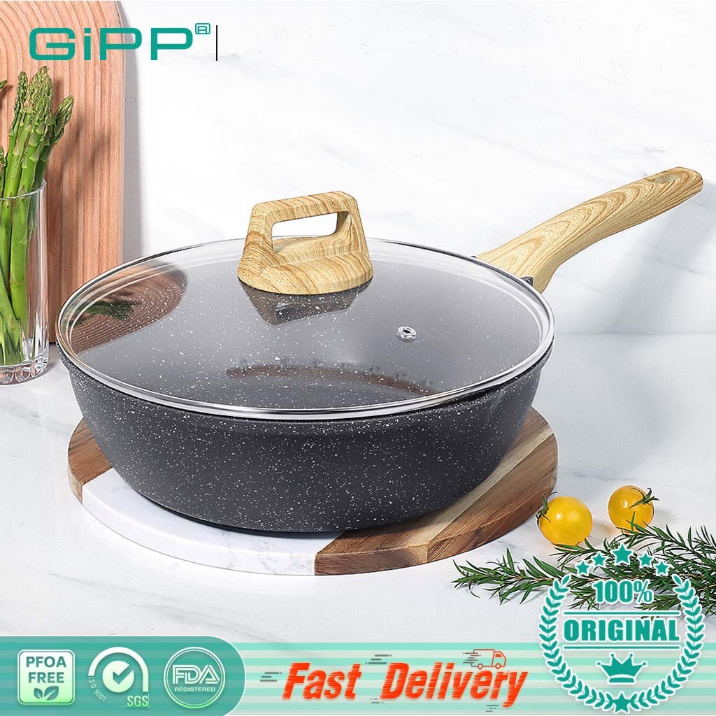Gipp Non Stick Deep Frying Pan Granite Wok Pan 24/28cm With Lid Suitable For Induction & Gas ...