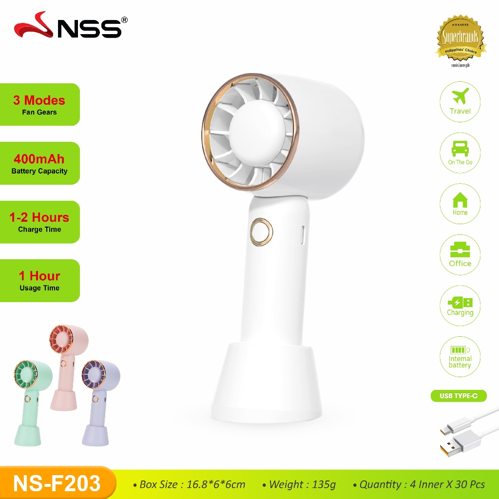 NSS-F203 Portable Handheld Fan with 3 Speed Modes, 400mAh Battery, Fast ...