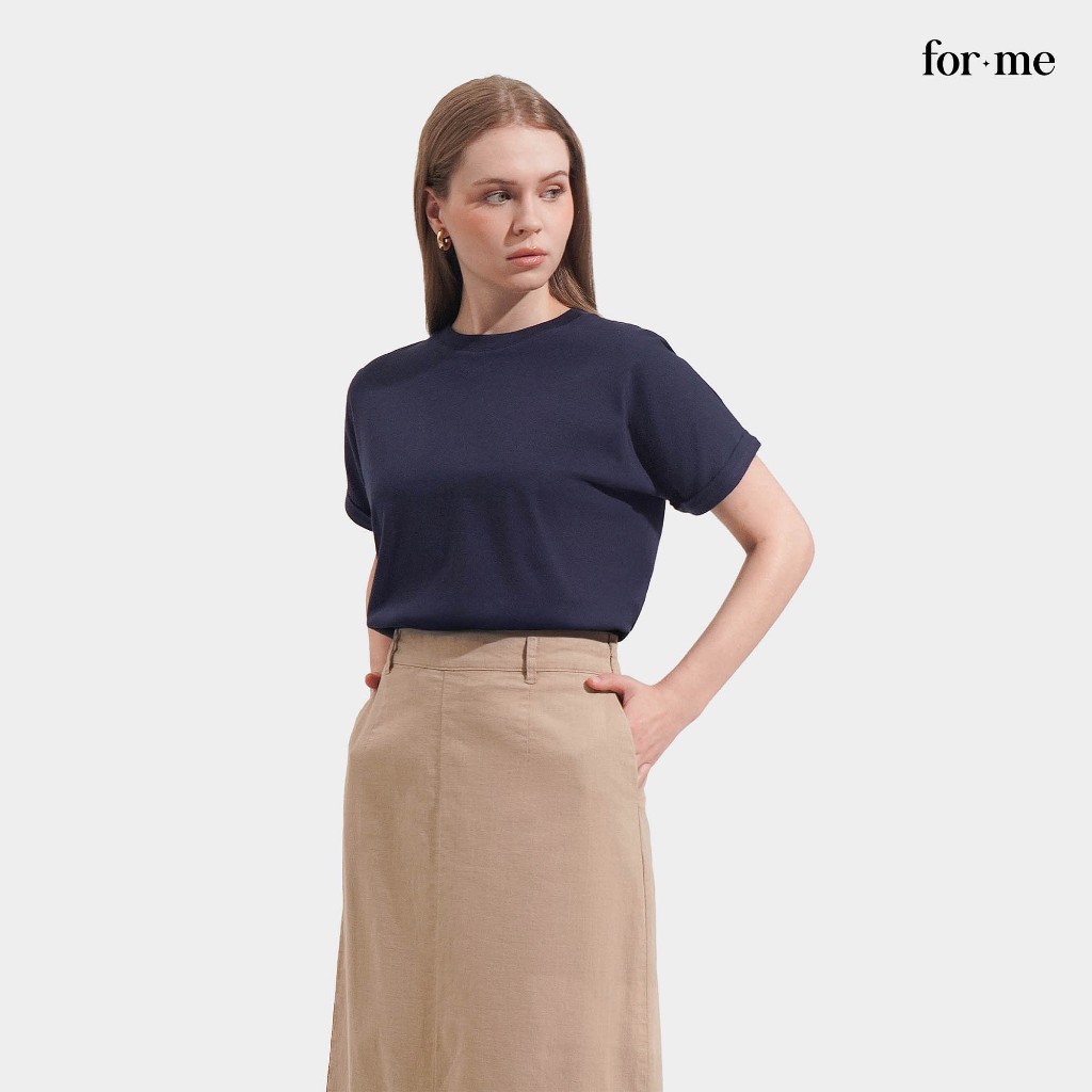ForMe Extended Fold-Up Sleeves Tee T-Shirt For Women (Navy Blue/Yellow ...
