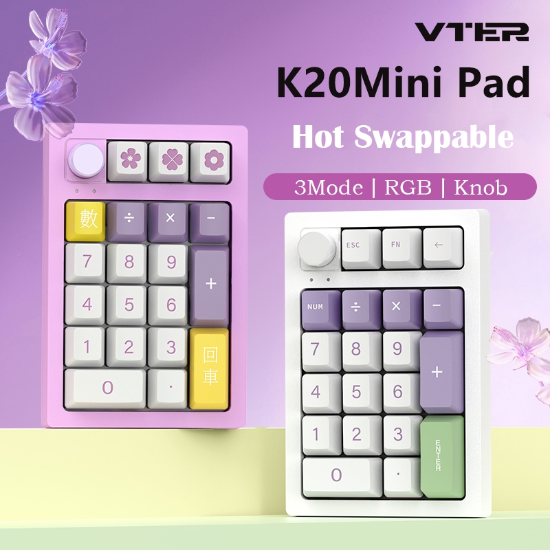 VTER K20 Numpad Tri-Mode Mechanical Keyboard QMK/VIA Hot Swappable Wireless with Knob Numeric ...