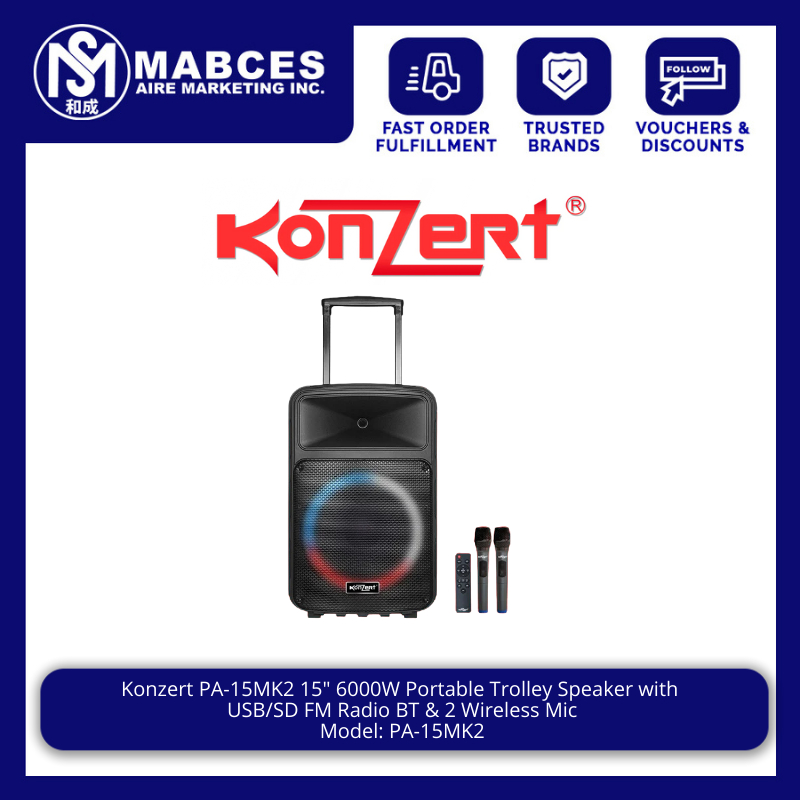 Konzert PA-15MK2 15" 6000W Portable Trolley Speaker with USB/SD FM ...