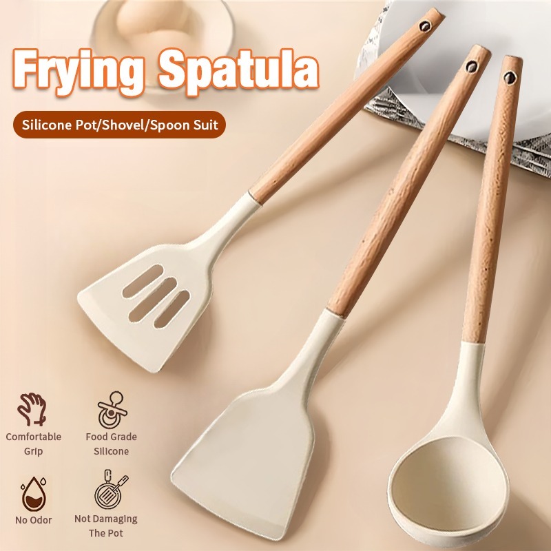 3PCS White Silicone Kitchenware Cooking Utensils Set Wooden Handle Non ...