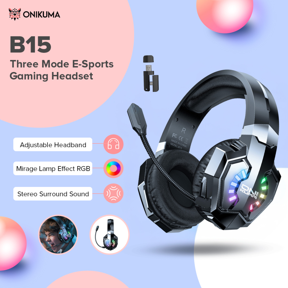 Onikuma B15 Wireless Gaming Headset RGB Headphone with 2.4G Noise Cancelling Microphone Earphone ...