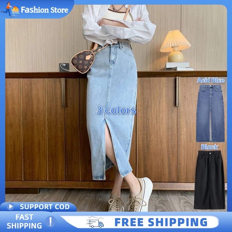 FS Cute Denim Midi Skirt Women High Waist Korean Split Thigh Middle ...