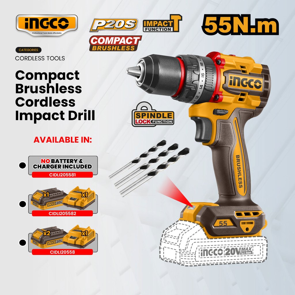 Ingco 55Nm 20V Compact Brushless Cordless Impact Hammer Drill 2-Speed ...