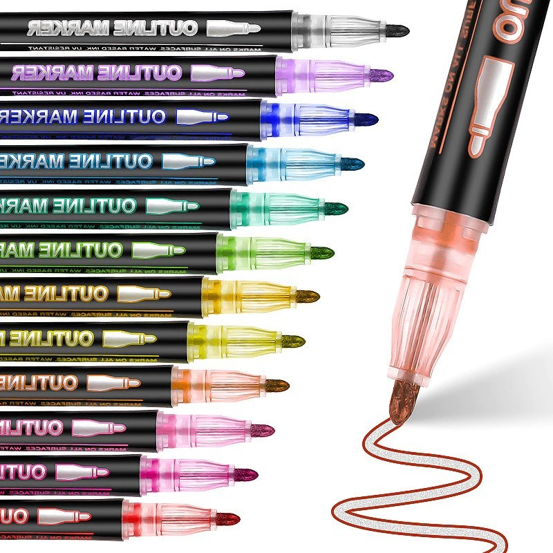24-Color Glitter Outline Markers Set - Double Tip Metallic Pens for ...