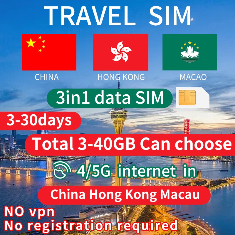 China+Hong Kong +Macau Travel SIM ( 3-15GB 3-30days) 4/5G DATA SIM card Universal for 3 places ① ...