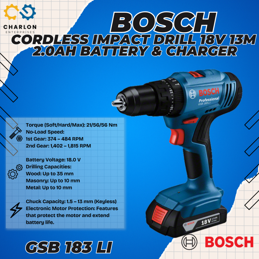 GSB 183-LI BOSCH CORDLESS IMPACT / HAMMER DRILL 18V 13MM x1 2.0AH ...
