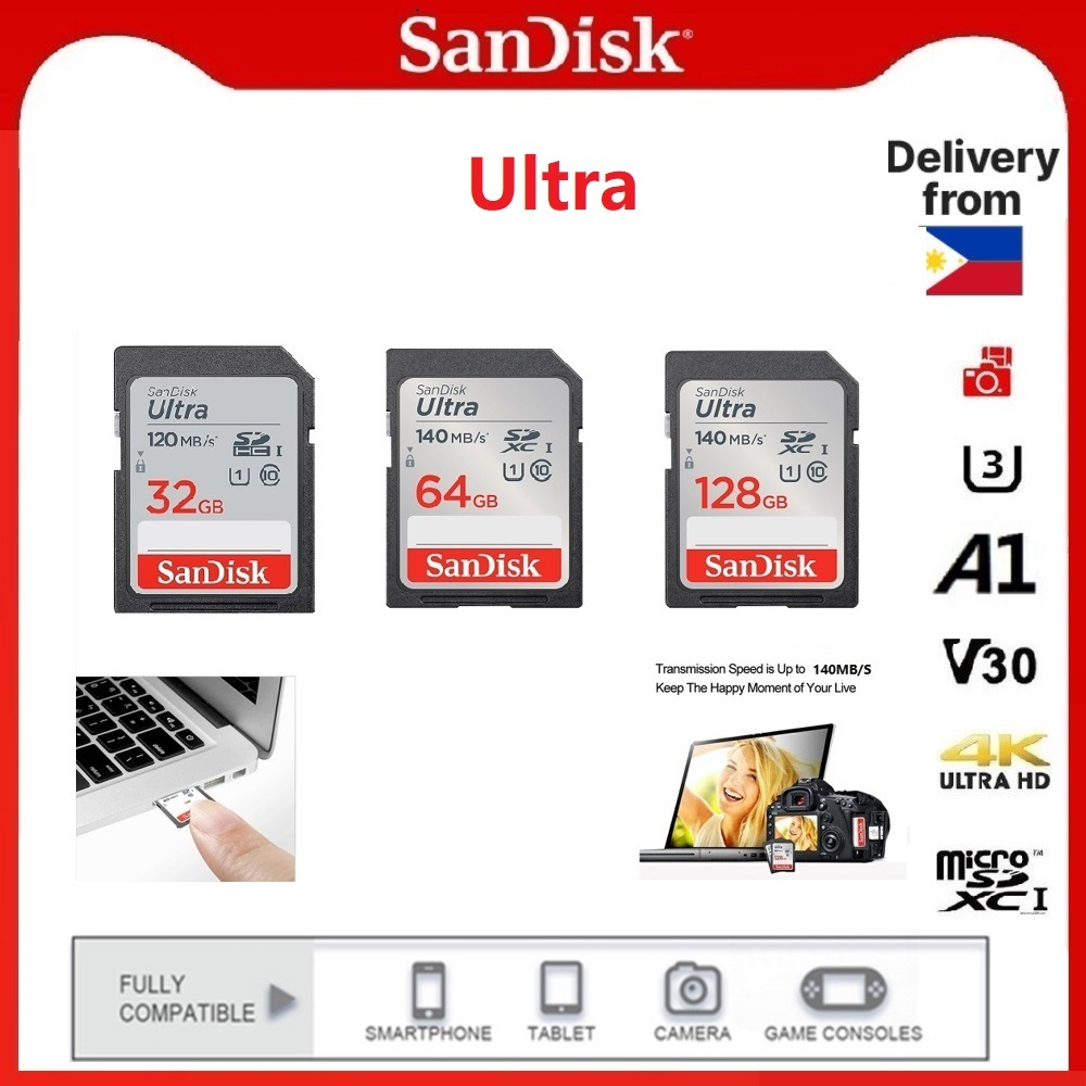 SanDisk Ultra SD Card For Camera SDXC UHS-I 128GB 64GB 32GB Memory Card 140MB/s C10 U1 Full HD ...