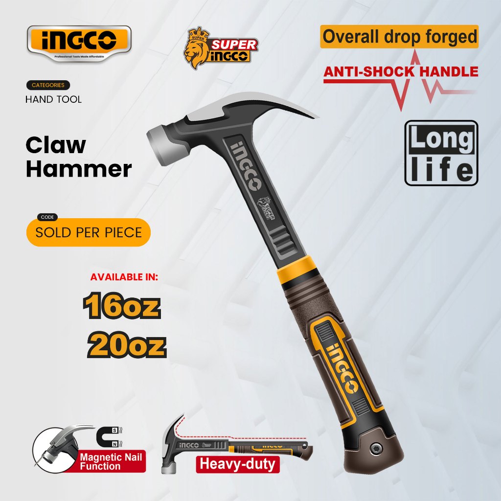 Ingco 160z/20oz Heavy Duty Claw Hammer Drop-Forged Nail Driving Hammer ...
