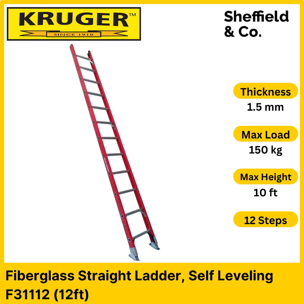 Kruger Fiberglass Straight Ladder, Self Leveling, F31112 (12 ft ...