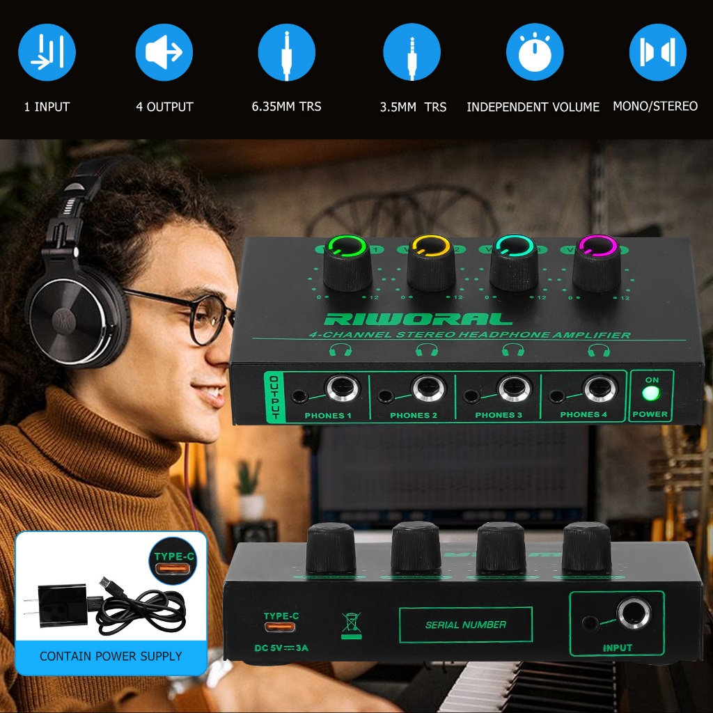 Headphone Amplifier 4 Channel Headphone Splitter Amplifier with 1/4" and 1/8" TRS Jack Input ...