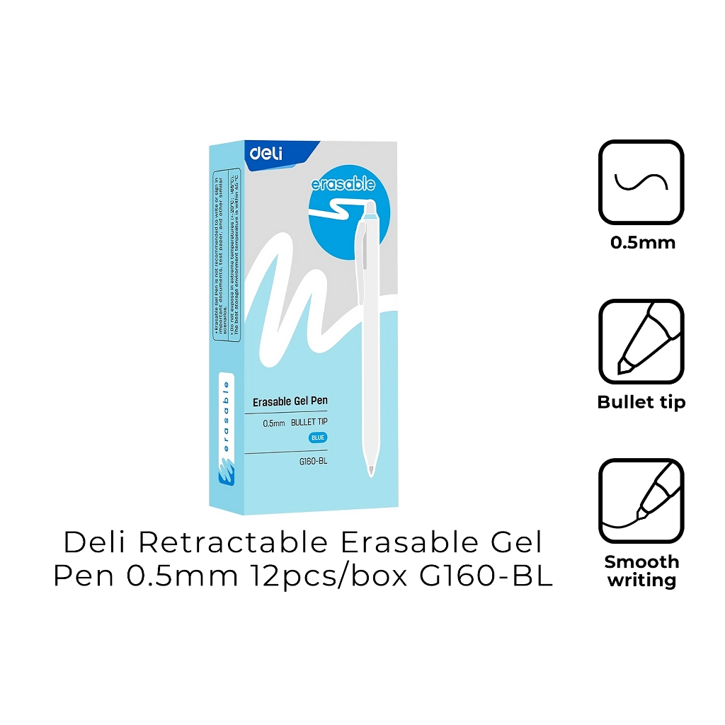 Deli G160-BL Retractable Erasable Gel Pen 0.5mm 12pcs/box | Shopee ...