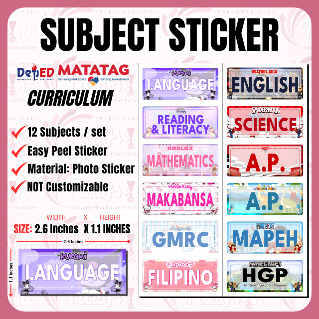 SUBJECT STICKER LABEL for notebook DEPED MATATAG 2.6 inches x 1.1 ...