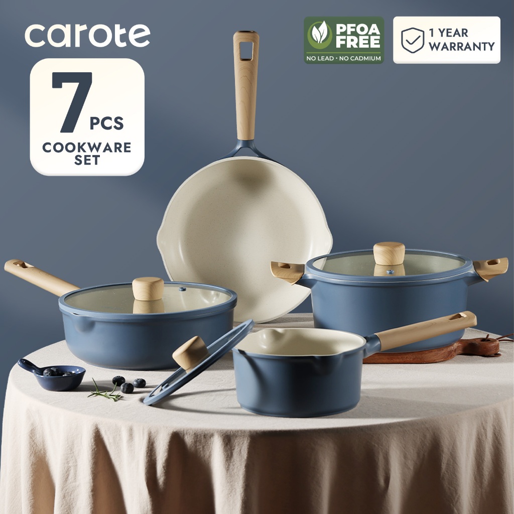 CAROTE Nonstick Cookware Set 7pcs Induction Frypan Kawali wok Die-Cast ...