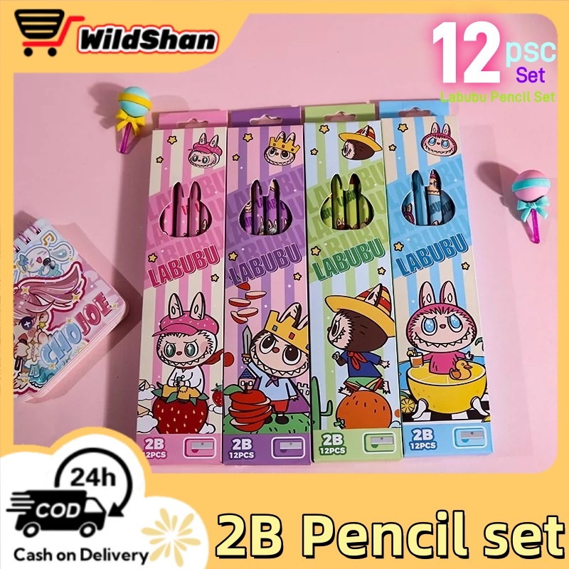 12Pcs/1Box 2B Labubu Pencil Set Student Stationery School supplies set ...