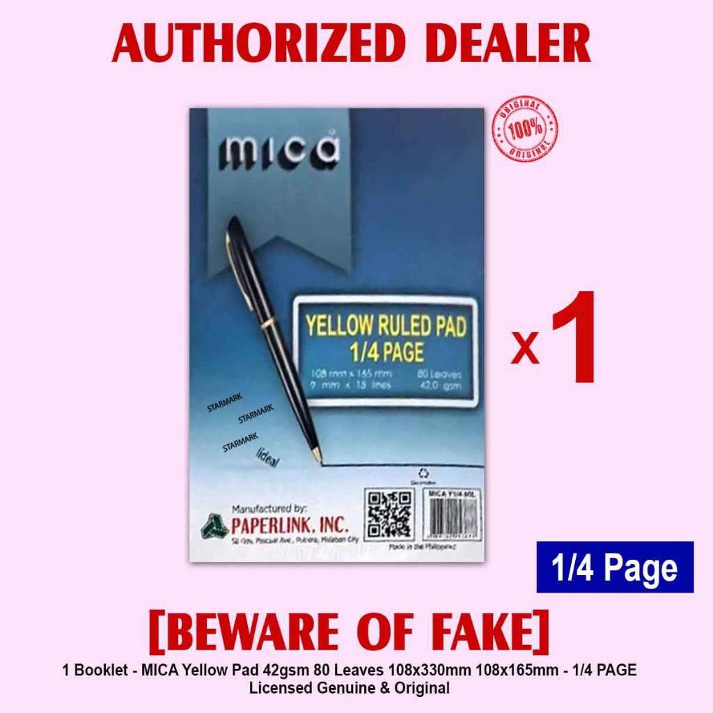 MICA Yellow Pad Pads Paper Papers 1/4 PAGE 42gsm 80 Leaves 108x165mm ...
