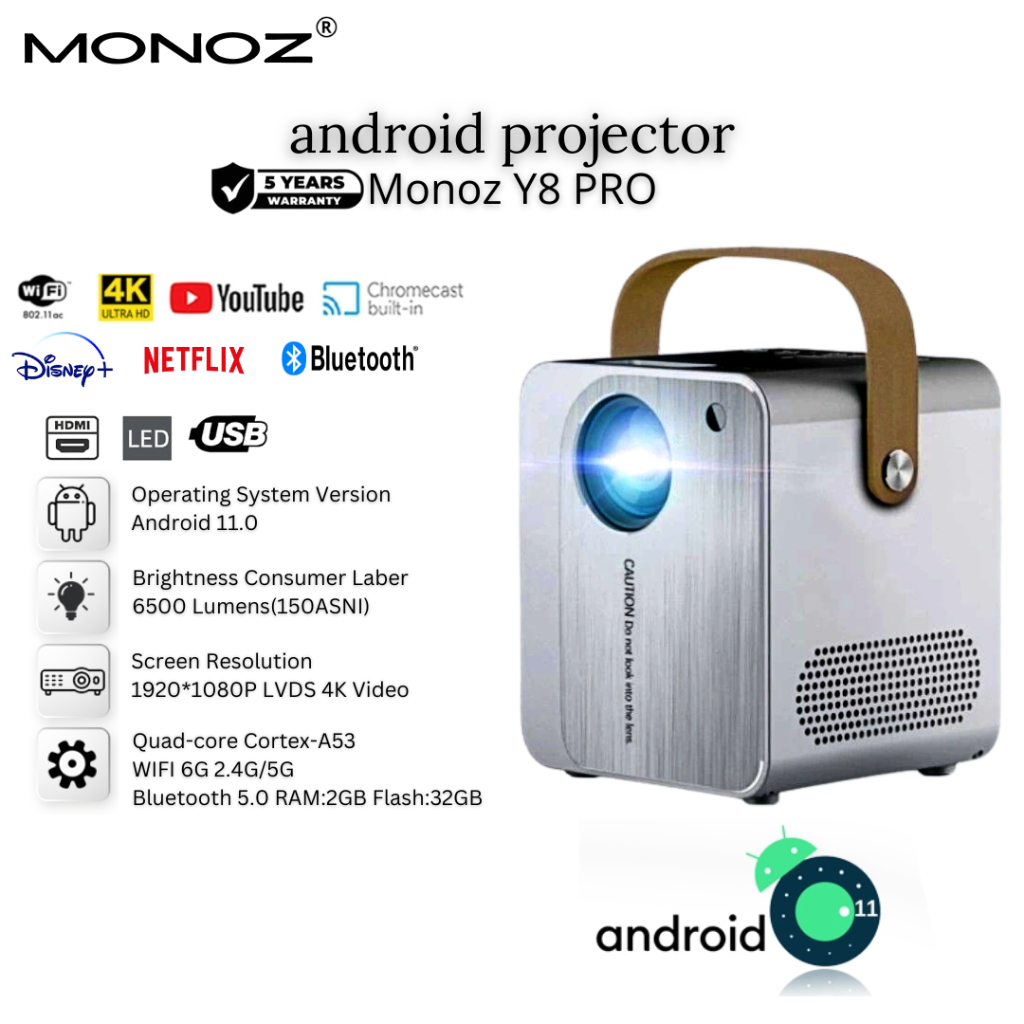Projector Y8 Pro Portable Mini 4K UHD 6000 Projectors Android HDMI USB ...