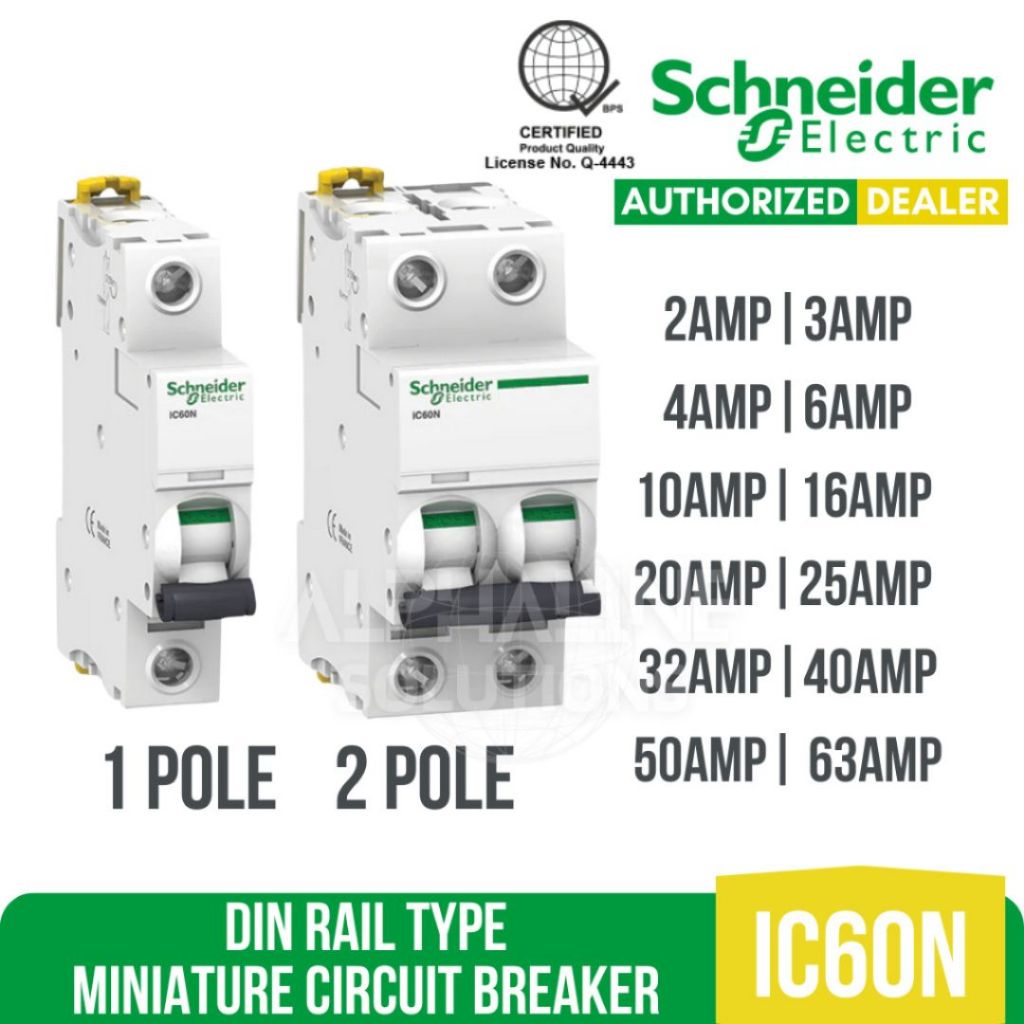 Schneider IC60N Miniature Circuit Breaker 1 and 2 pole 2A 3A 4A 6A 10A 16A 20A 25A 32A 40A 50A ...