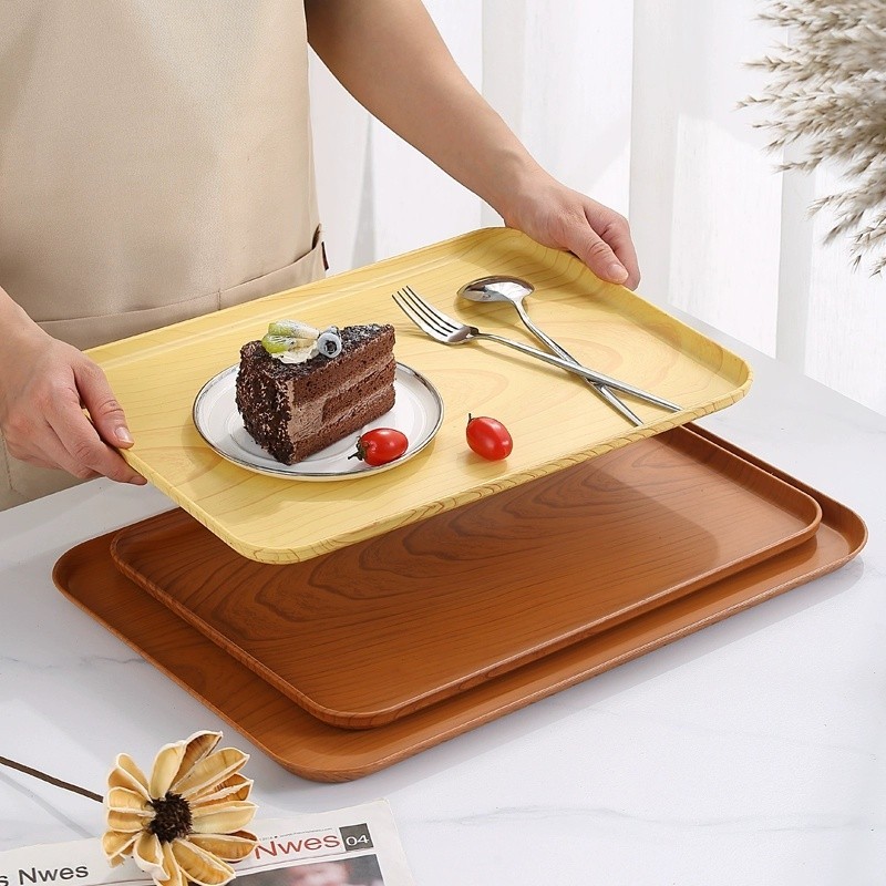 European style multi size wood grain plastic tray Tableware storage ...