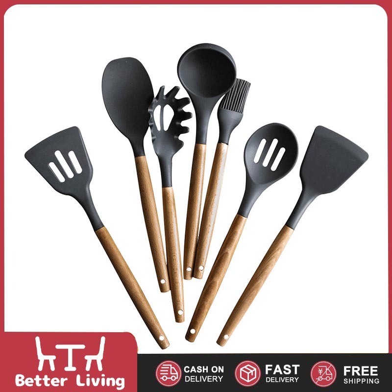 Wooden handle silicone kitchen utensils non stick food grade silicone ...
