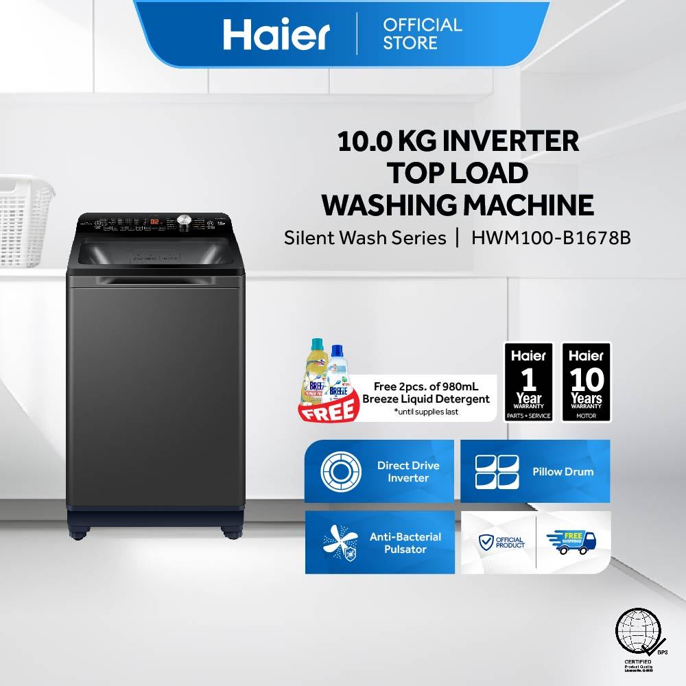 Haier HWM100-B1678B 10 Kg Silent Wash Fully Automatic Inverter Top Load ...
