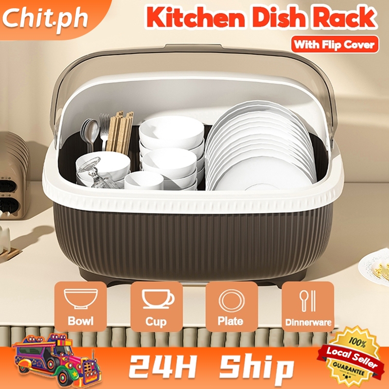 CHIT Dish Rack With Cover Plastic Plate Drainer Organizer Dustproof ...