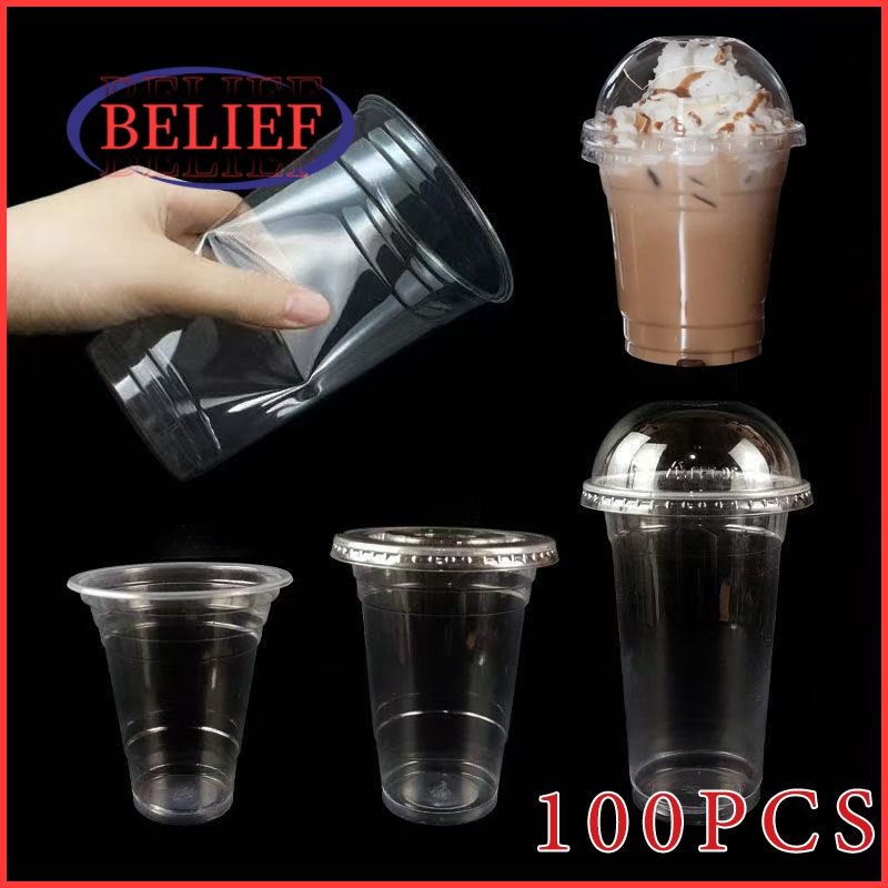 100pcs Plastic Cups Set With Lid Disposable 95mm(10oz 12oz 16oz 22oz ...