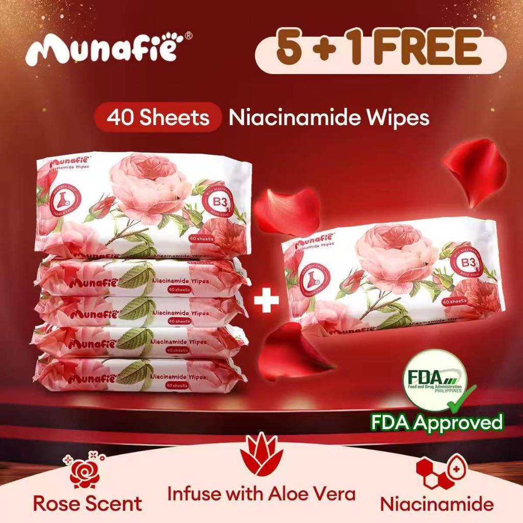 (6Packs) Munafie Niacinamide Cleansing Wipes Rose Scented Alcohol Free ...