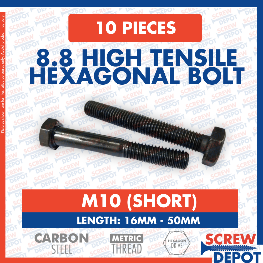10PCS M10 (10MM) x 16MM ~ 50MM High Tensile Hex Bolt or HT Hexagonal ...