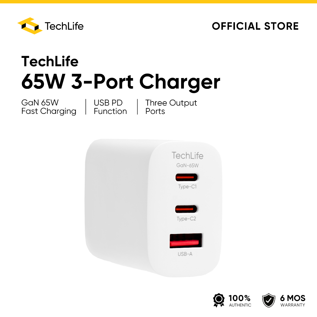 TechLife 65W 3-Port Charger | Fast Charging | Triple Ports Output ...