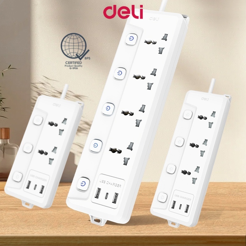 Deli 2/3/4 Sockets Universal Power Extension 2 USB Ports 2M Power Strip ...