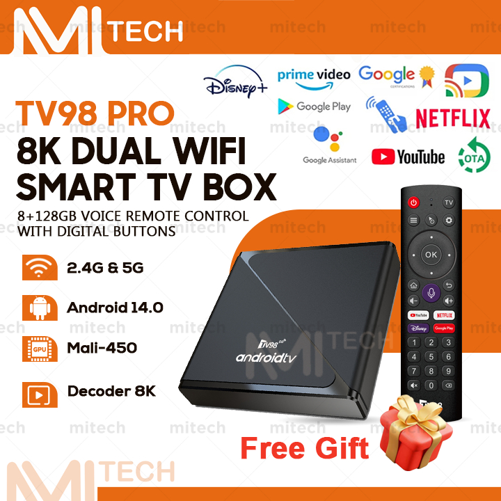 8K HD TV98 PRO 8+128GB Smart TV Box 5G WiFi Android14 Google Assistant ...