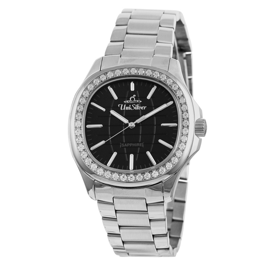UniSilver TIME Men's Silver/Black Sapphire Glass Analog Stainless Steel ...