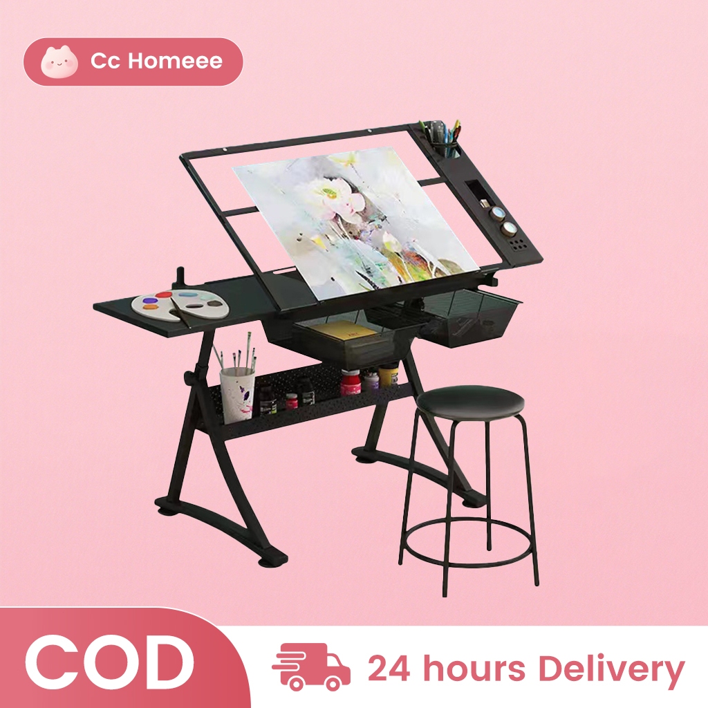 Glass Drafting Table Adjustable Height Drafting Table Leather Stool Set ...