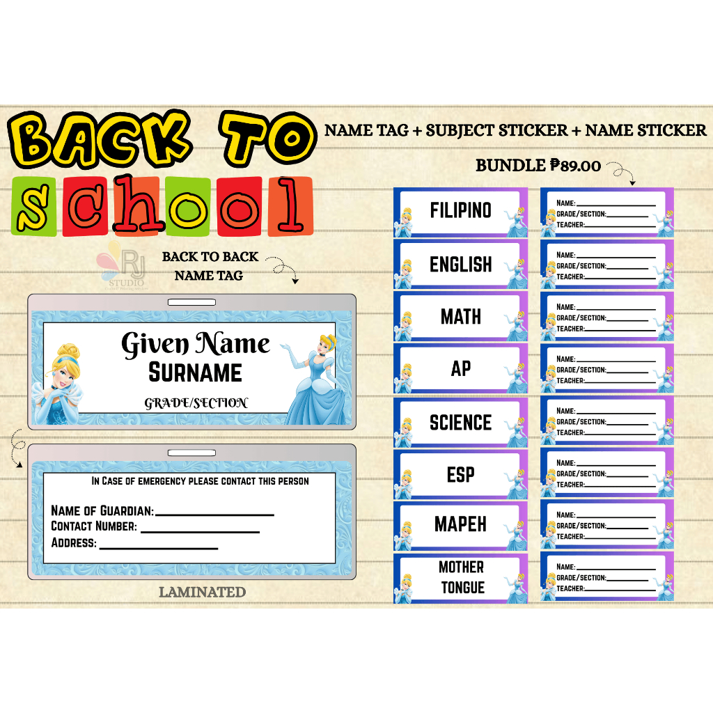 Name Tag + Subject Sticker + Name Sticker Bundle (Disney Princess ...