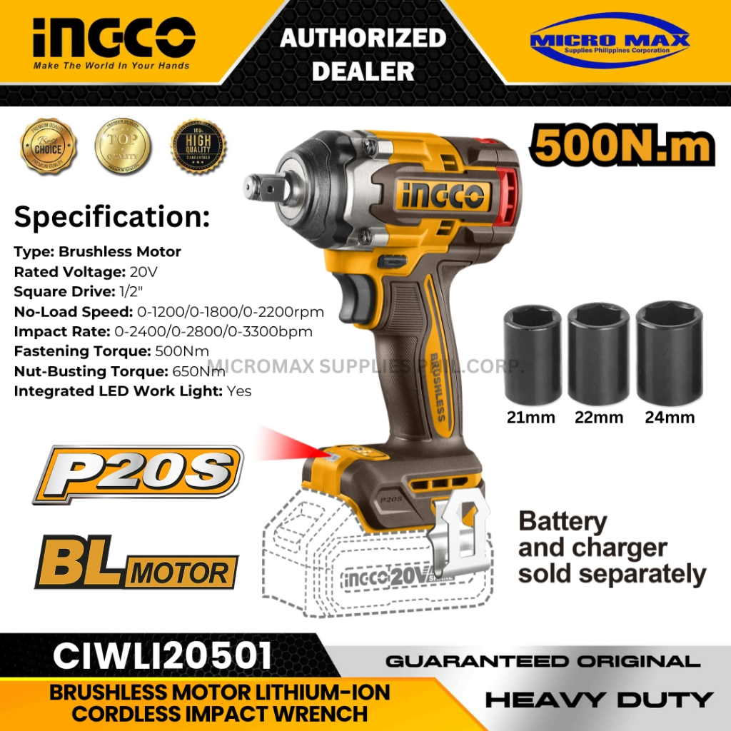 INGCO (CIWLI20501) Brushless Motor Lithium-Ion Cordless Impact Wrench ...