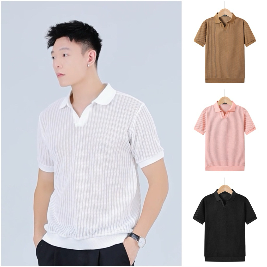 Mannered Men's V-Neck Spread Collar Polo Shirts Hollow Out Design ...