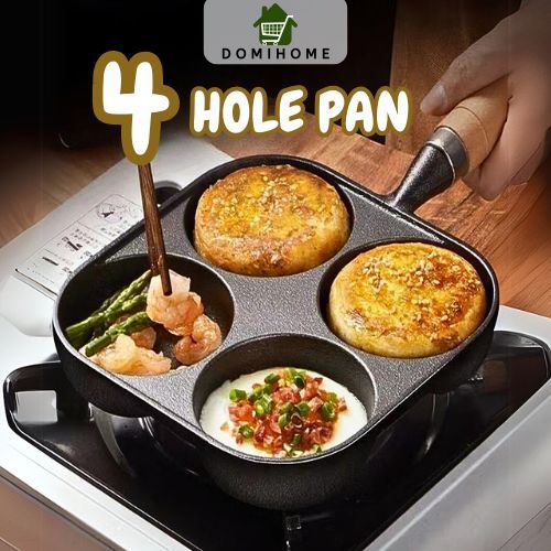 GIFT 4 Hole Non Stick Omelet Frying Pan with Wooden Handle for Cooking ...