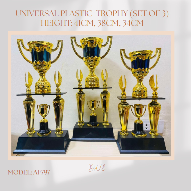 UNIVERSAL PLASTIC TROPHY (BLUE)(SET OF 3) HEIGHT: 41CM, 38CM, 34CM ...