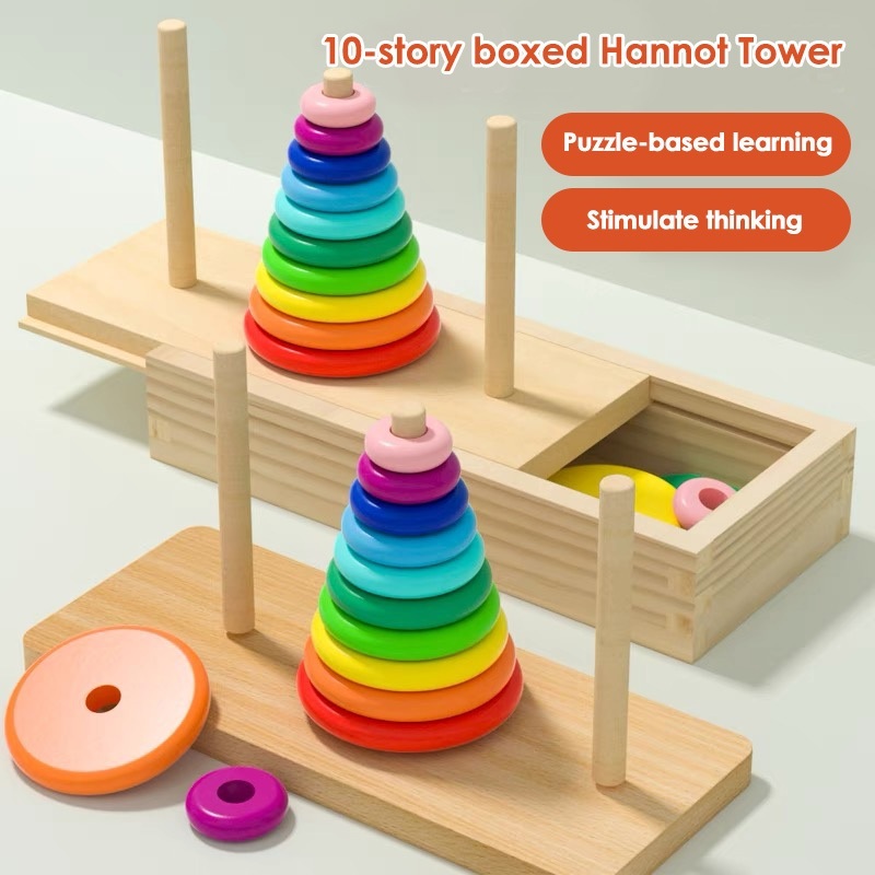 10-Layer Wooden Tower of Hanoi Children's Educational Building Blocks ...