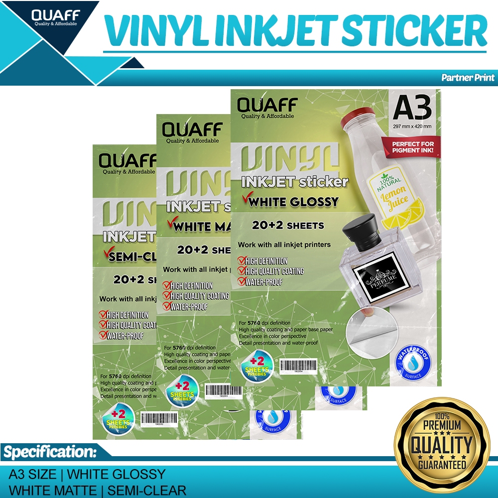 Quaff Waterproof Vinyl Inkjet Sticker A3 Size for Labelling and DIY ...