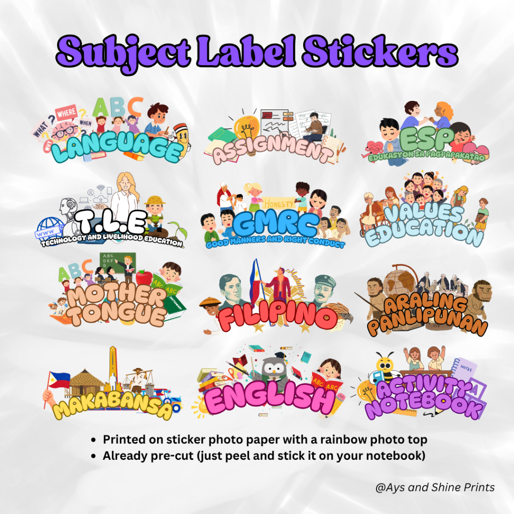 School Subject Label Sticker for Notebook (Grade 1 to Grade 10 ...