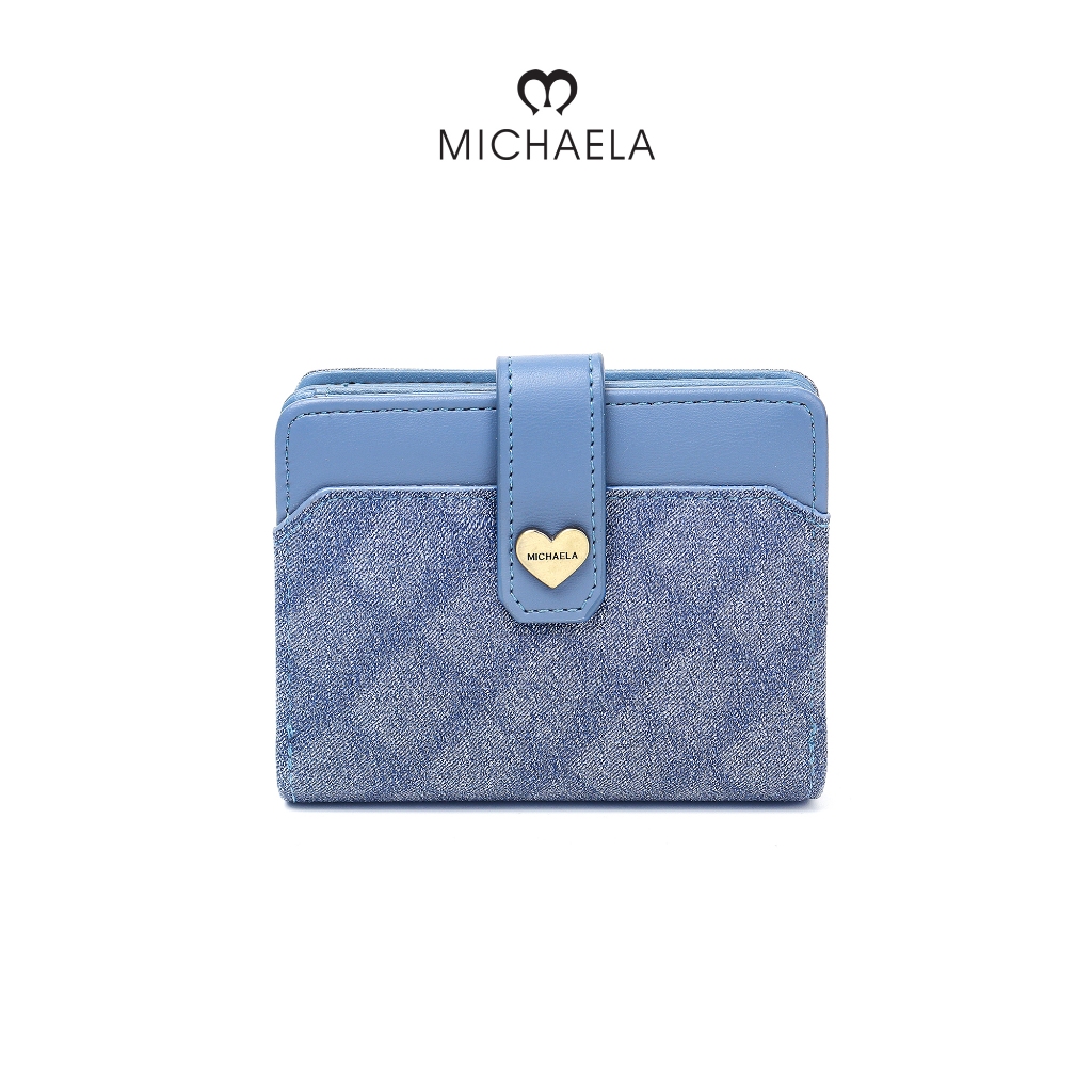 MICHAELA Checkered Denim Short Wallet Bronze Heart Snap Efficient Cards ...