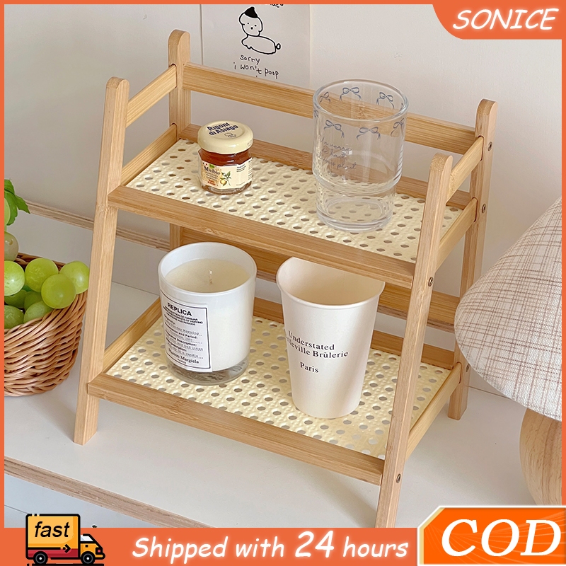 Rattan Desktop Double-Layer Storage Rack For Bedroom Storage Rack Desk ...