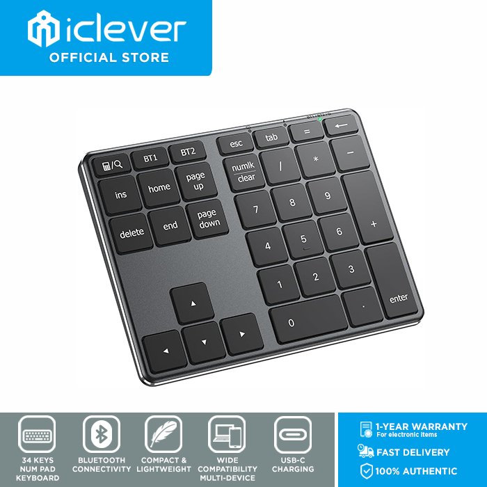 iClever Number Pad, Aluminum Wireless Number Pad for Multi Devices, USB ...