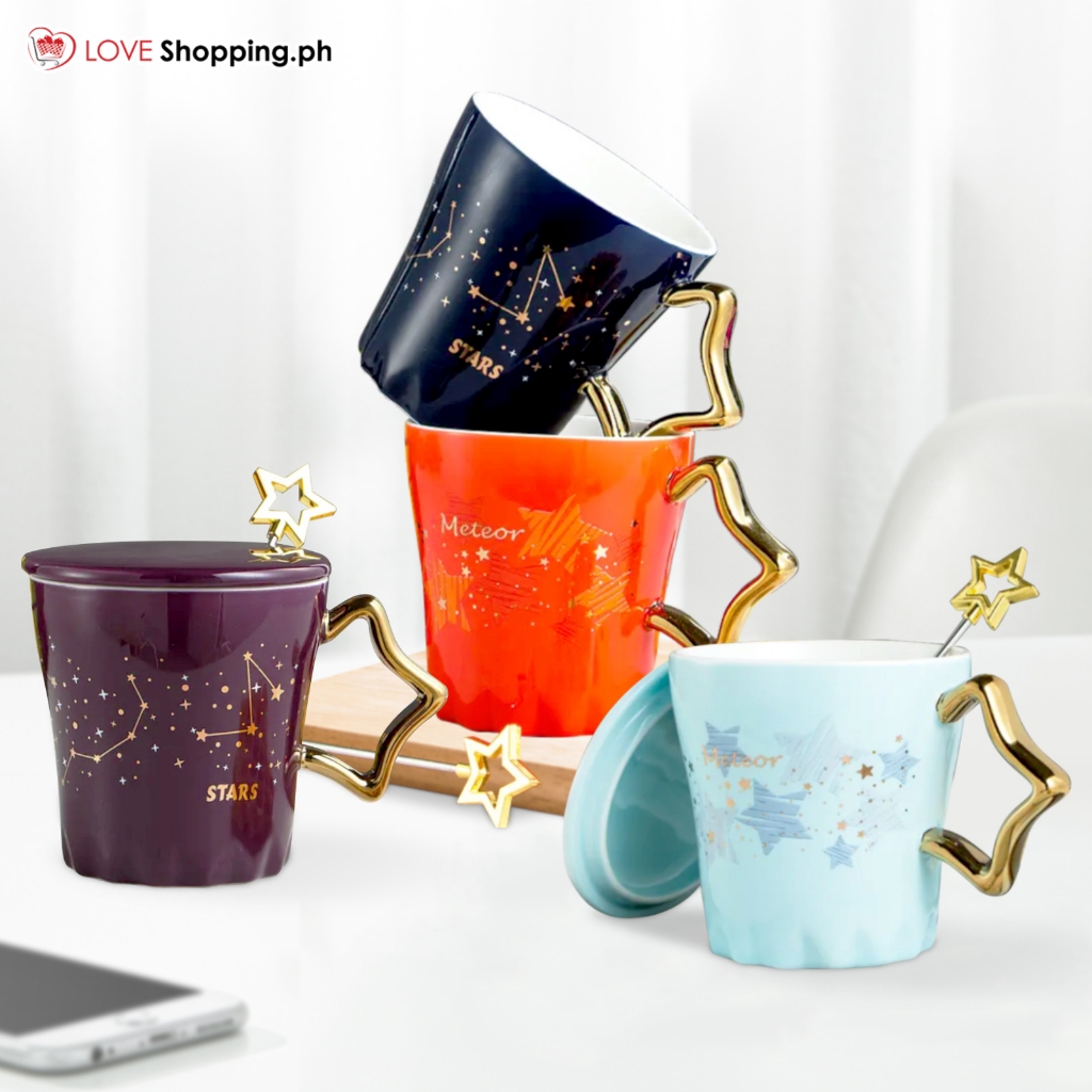Starry Sky Celestial Ceramic Mug with Lid + Star Stirrer and Handle ...
