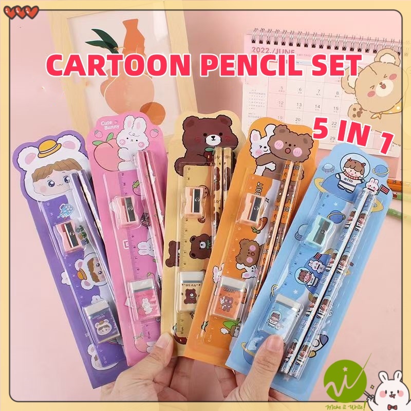 5/8 IN 1 Cute Pencil Set with Eraser Ruler Sharpener Cartoon kid School ...