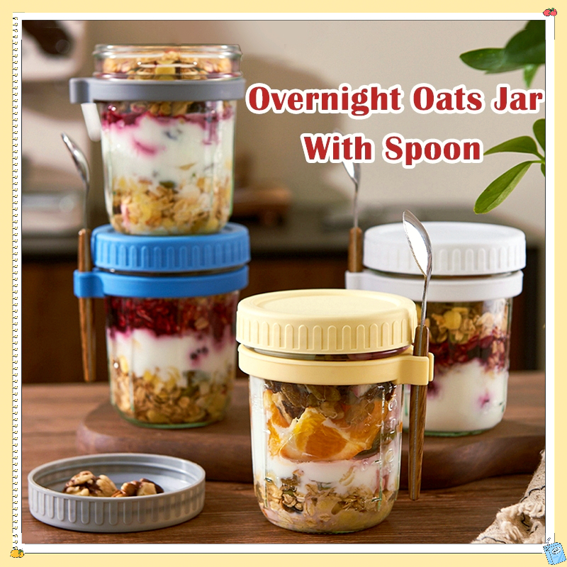 350ml Reusable Overnight Oats Jars with Spoon Airtight Oatmeal Cup Container with Measurement ...