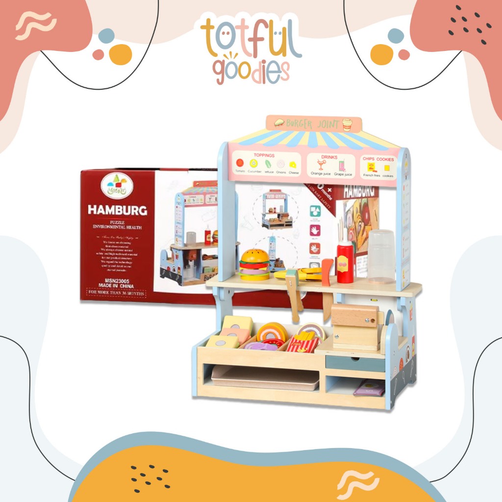 Kids Wooden BURGER SHOP Fruit Supermarket Grocery Stand Booth Pretend ...